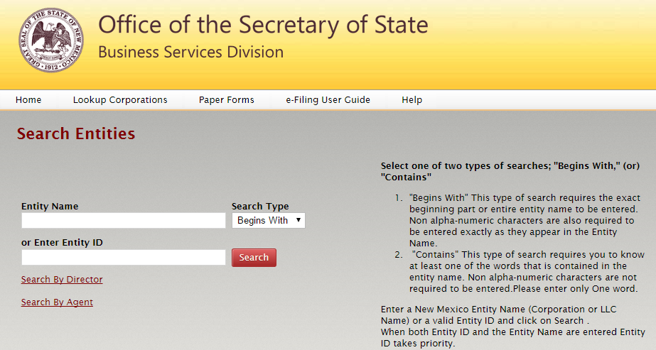 New Mexico Business Entity And Corporation Search - NM Secretary Of ...