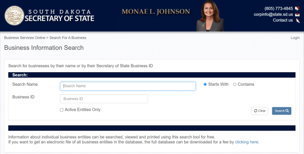 South Dakota Business Entity Search | Secretary Of State